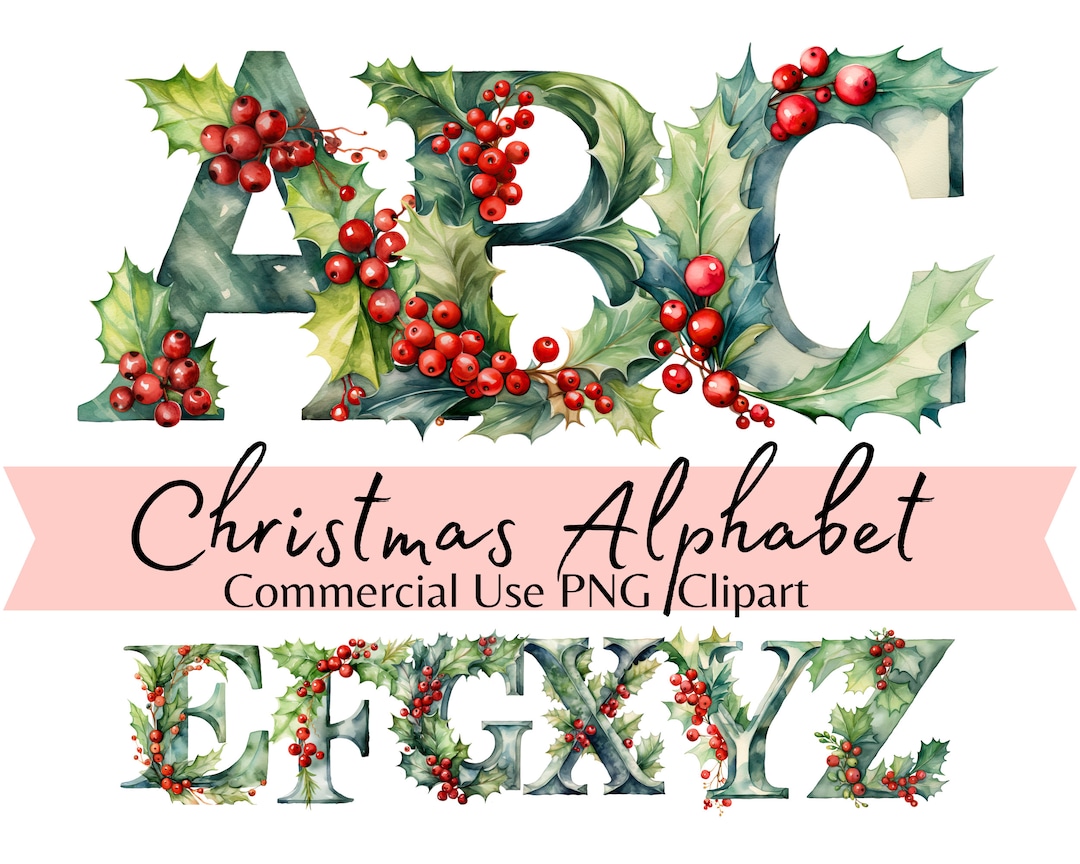 Christmas Holly Alphabet Watercolor PNG Clipart Bundle, English ...