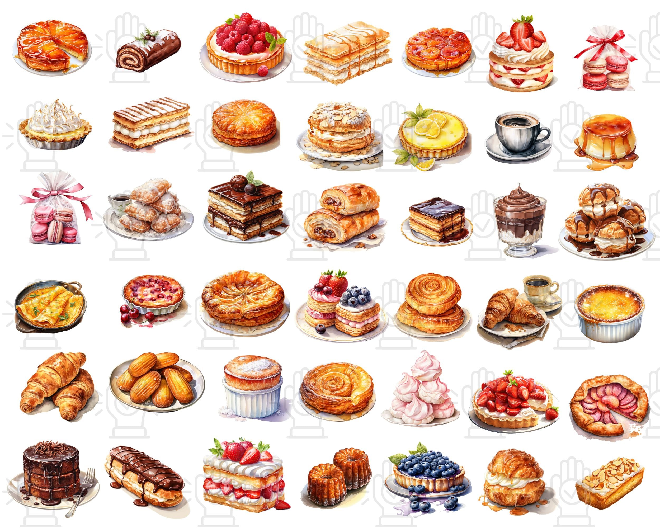 Watercolor French Pastries Clipart, French Dessert Patisserie Clipart ...