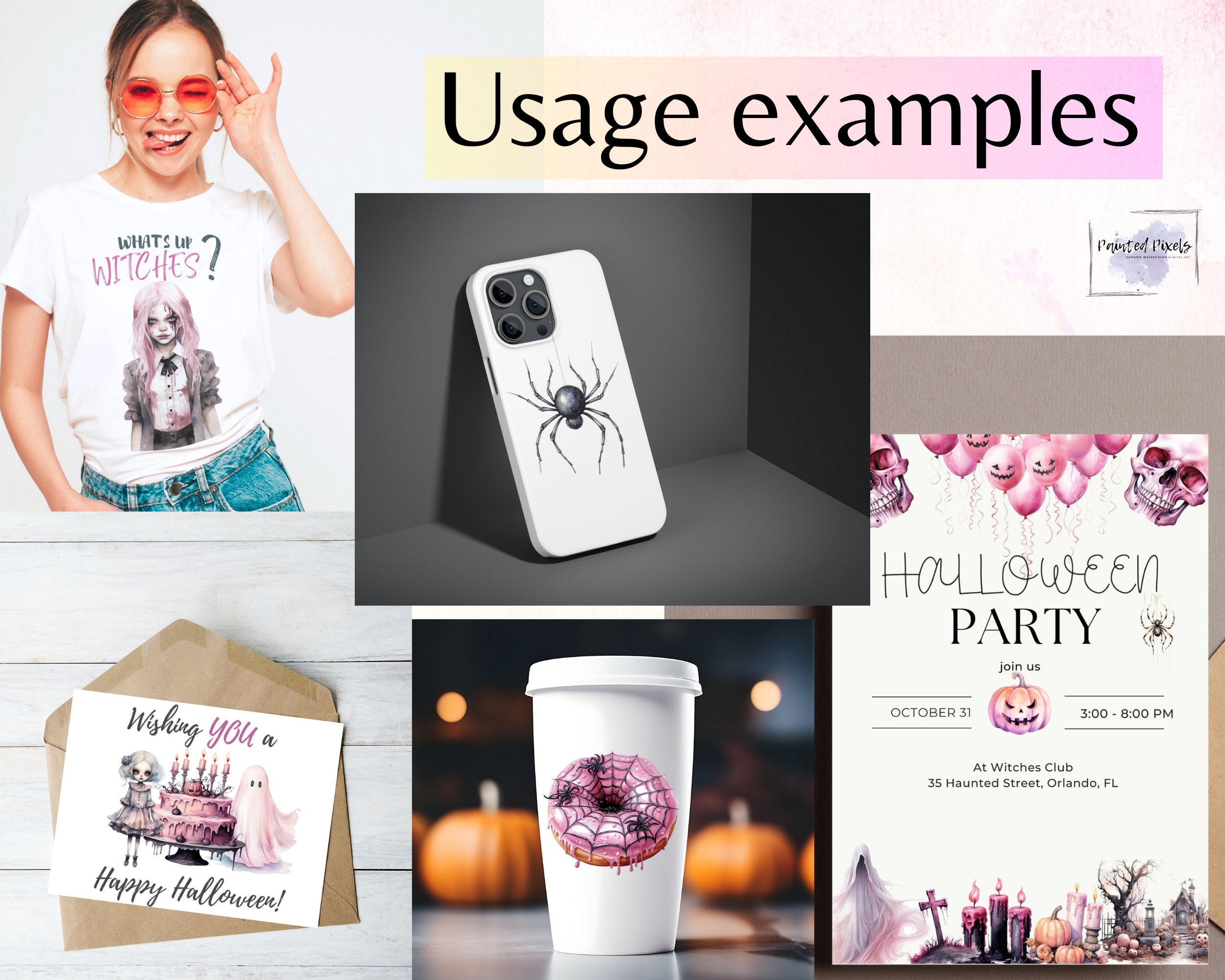 Pink Halloween Watercolor Clipart Collection PNG Bundle - Etsy