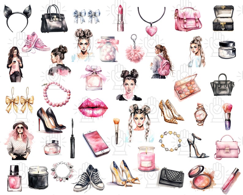 Fashionista Chic Girl Clipart, Watercolor Pink Black Illustrations ...