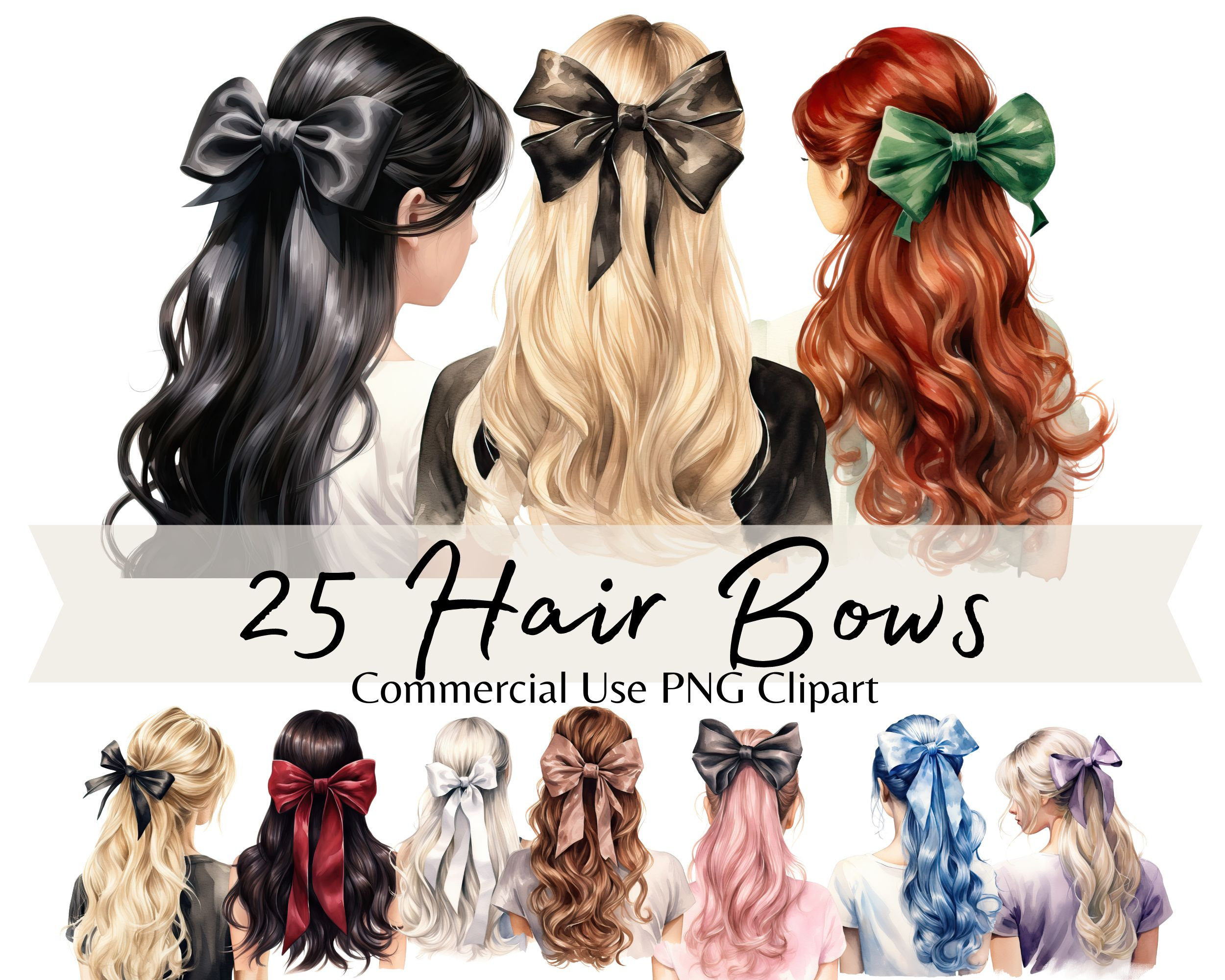 Girl Hairstyle Bow in the Hair Clipart, Hair Ribbons PNG Watercolor ...