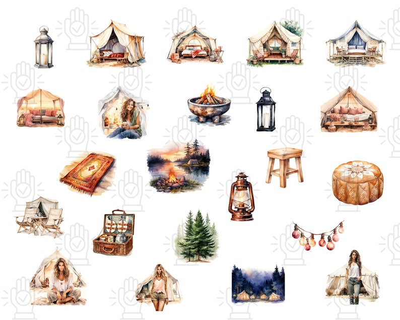 Boho Glamping Clipart, Watercolor Luxury Camping PNG Illustrations ...