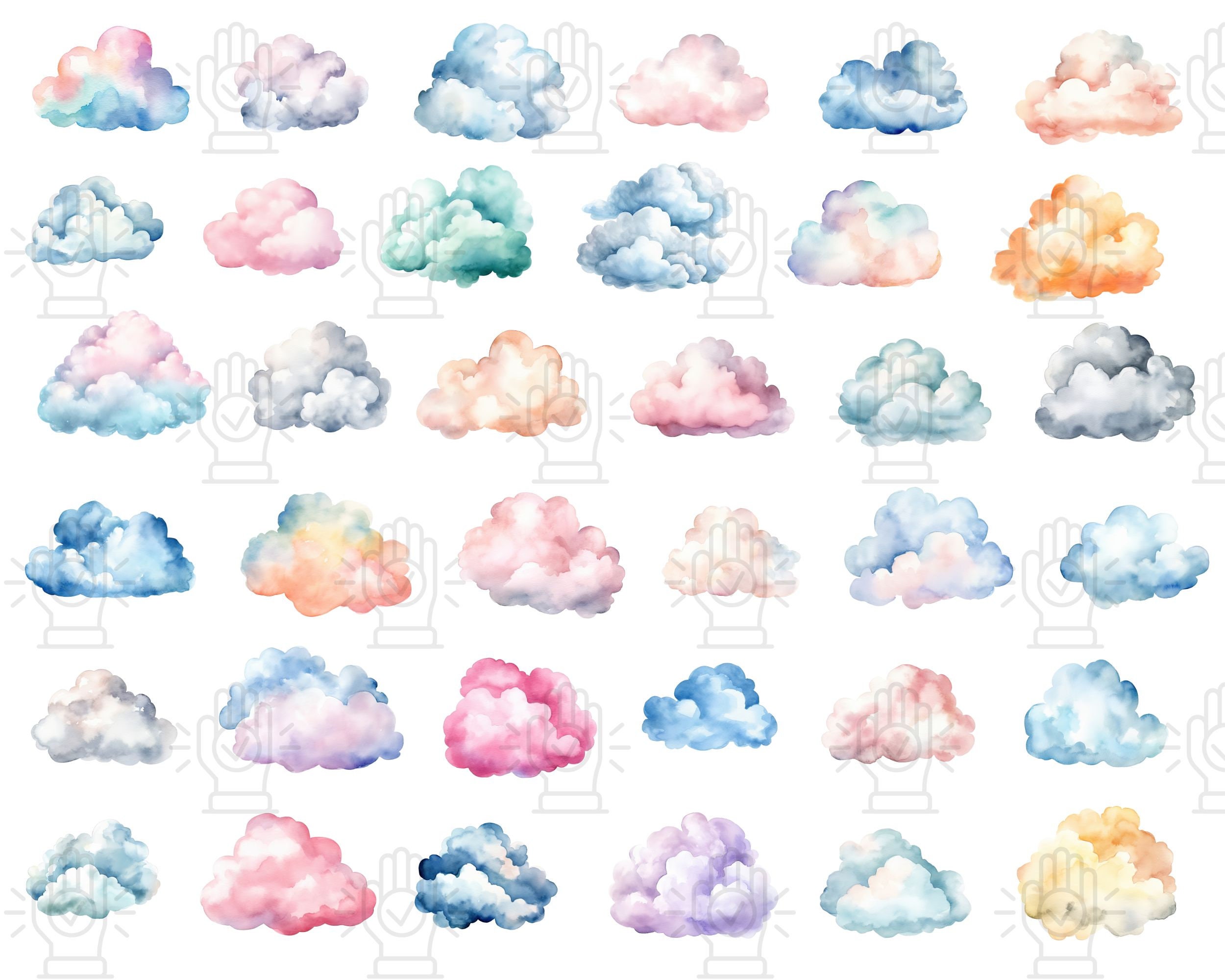 Watercolor Clouds Clipart Set, Pastel Cloud Sky Elements, Transparent ...