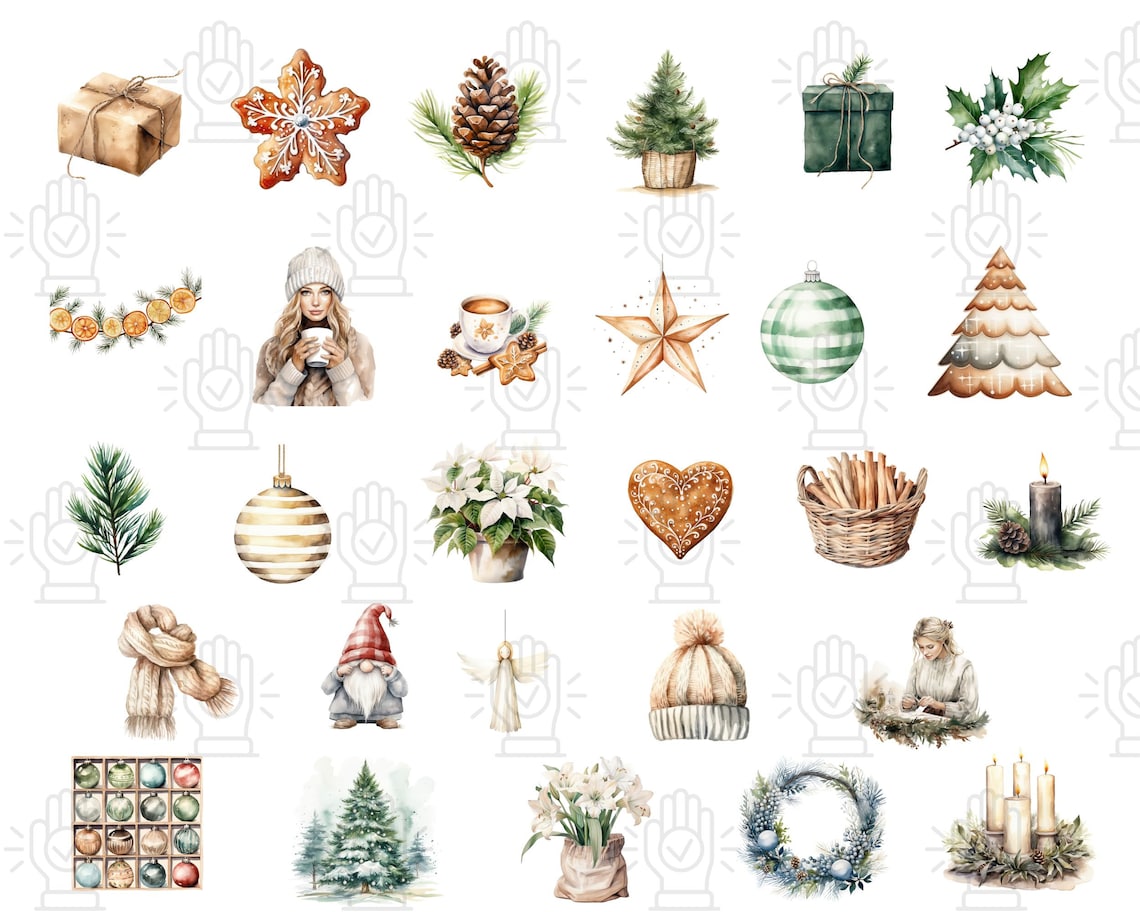 Scandinavian Christmas Clipart Ornaments, Cozy Neutral Watercolor ...