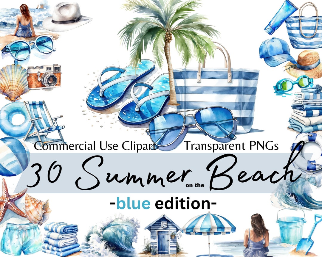 Summer on the Beach, Ocean Travel Digital Beach Clipart, Watercolor ...