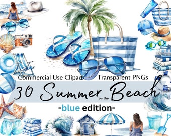Summer on the Beach, Ocean Travel Digital Beach Clipart, Watercolor ...