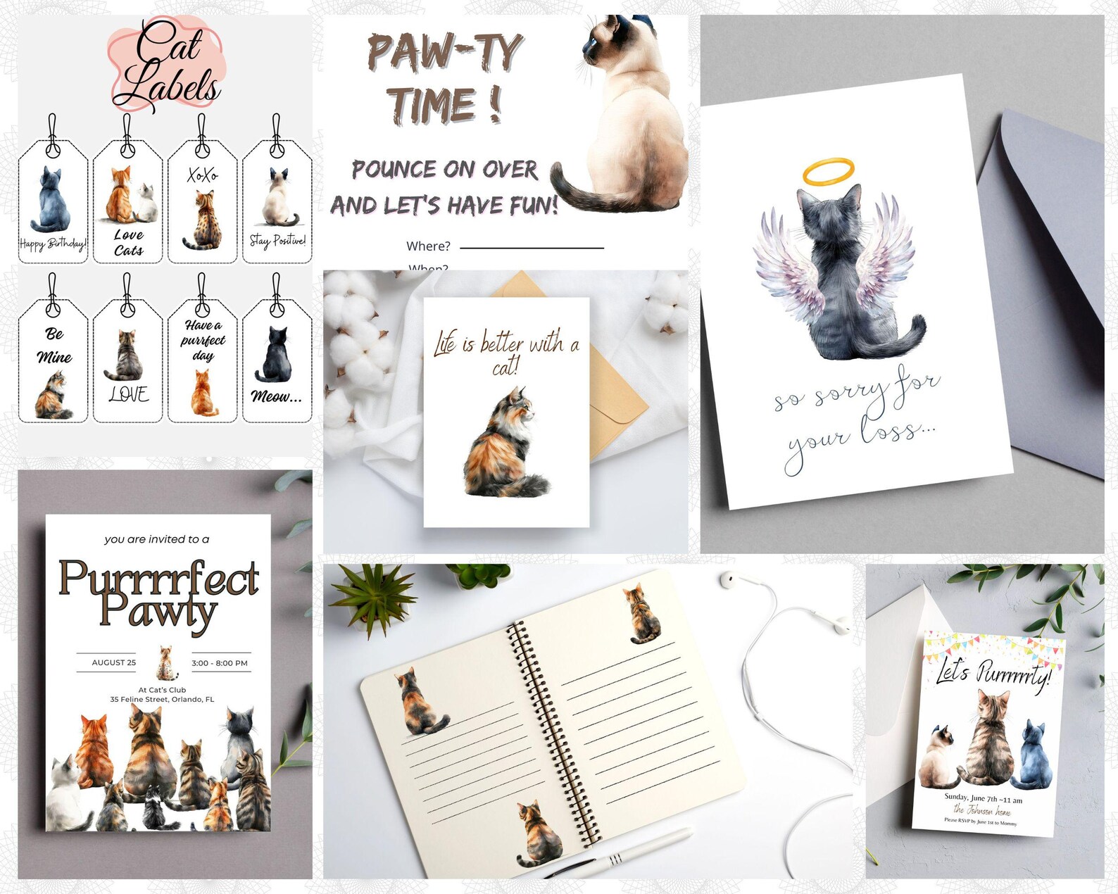Watercolor Cat Breeds Back View Clipart Bundle, Cat Angel Wings, Halo ...