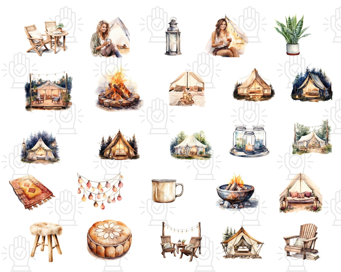 Boho Glamping Clipart, Watercolor Luxury Camping PNG Illustrations ...