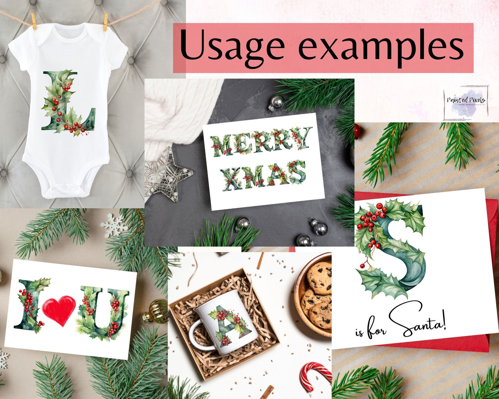 Christmas Holly Alphabet Watercolor PNG Clipart Bundle, English ...