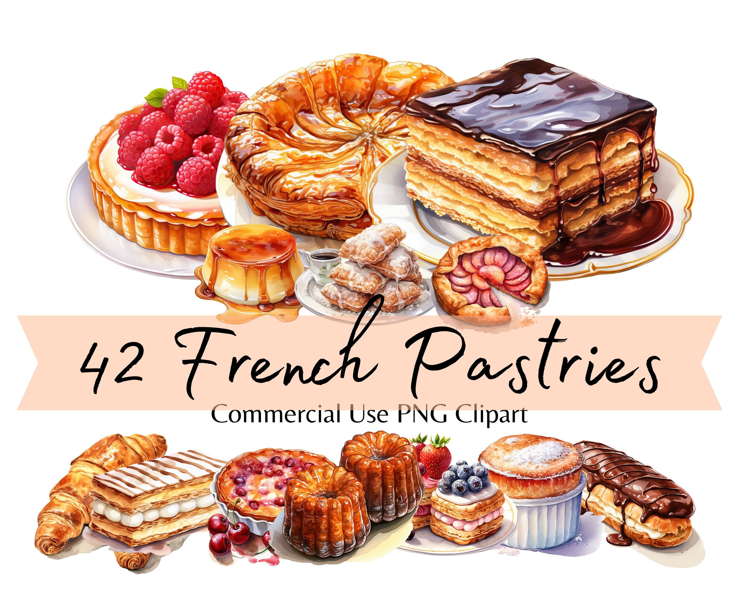 Watercolor French Pastries Clipart, French Dessert Patisserie Clipart ...