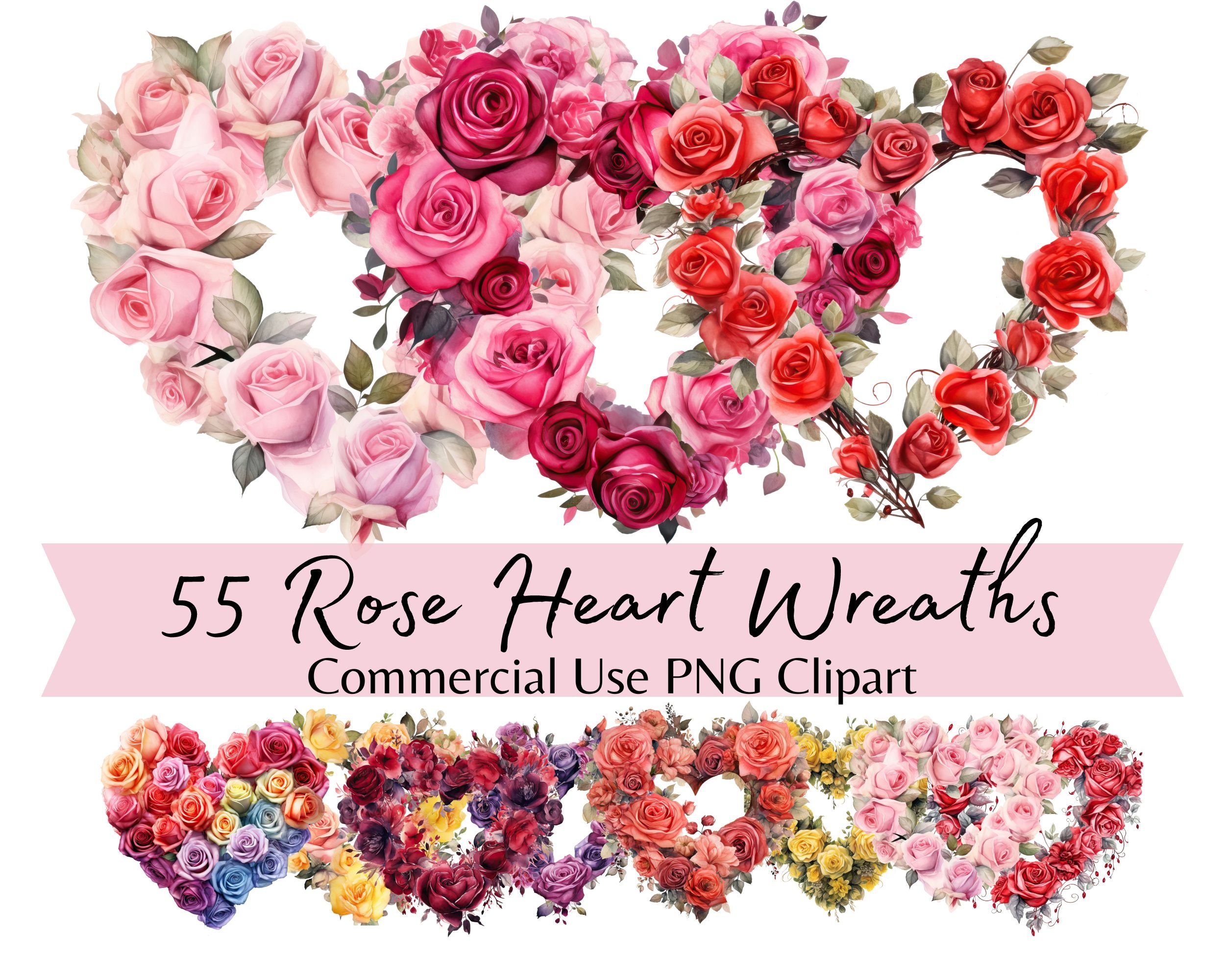 Rose Heart Wreath Watercolor Clipart for Valentine's Day, Heart Shaped ...