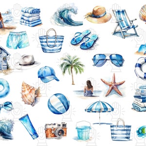 Summer on the Beach, Ocean Travel Digital Beach Clipart, Watercolor ...