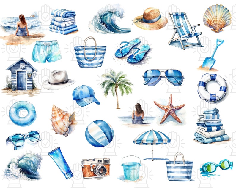Summer on the Beach, Ocean Travel Digital Beach Clipart, Watercolor ...