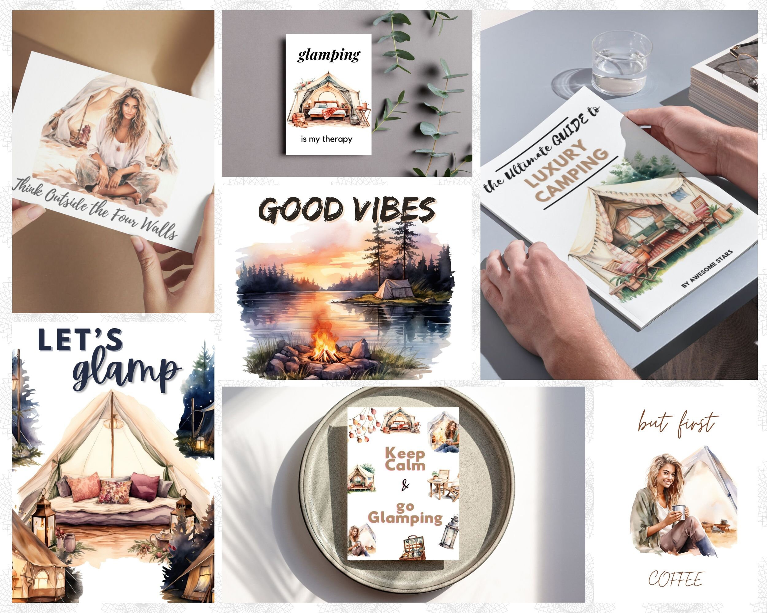 Boho Glamping Clipart, Watercolor Luxury Camping PNG Illustrations ...