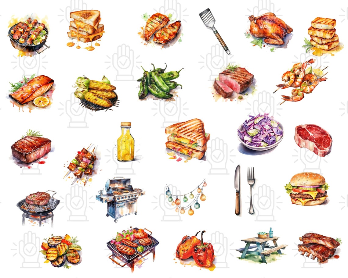 BBQ Summer Party, Grill Picnic Garden Clipart, Watercolor Barbecue Food ...