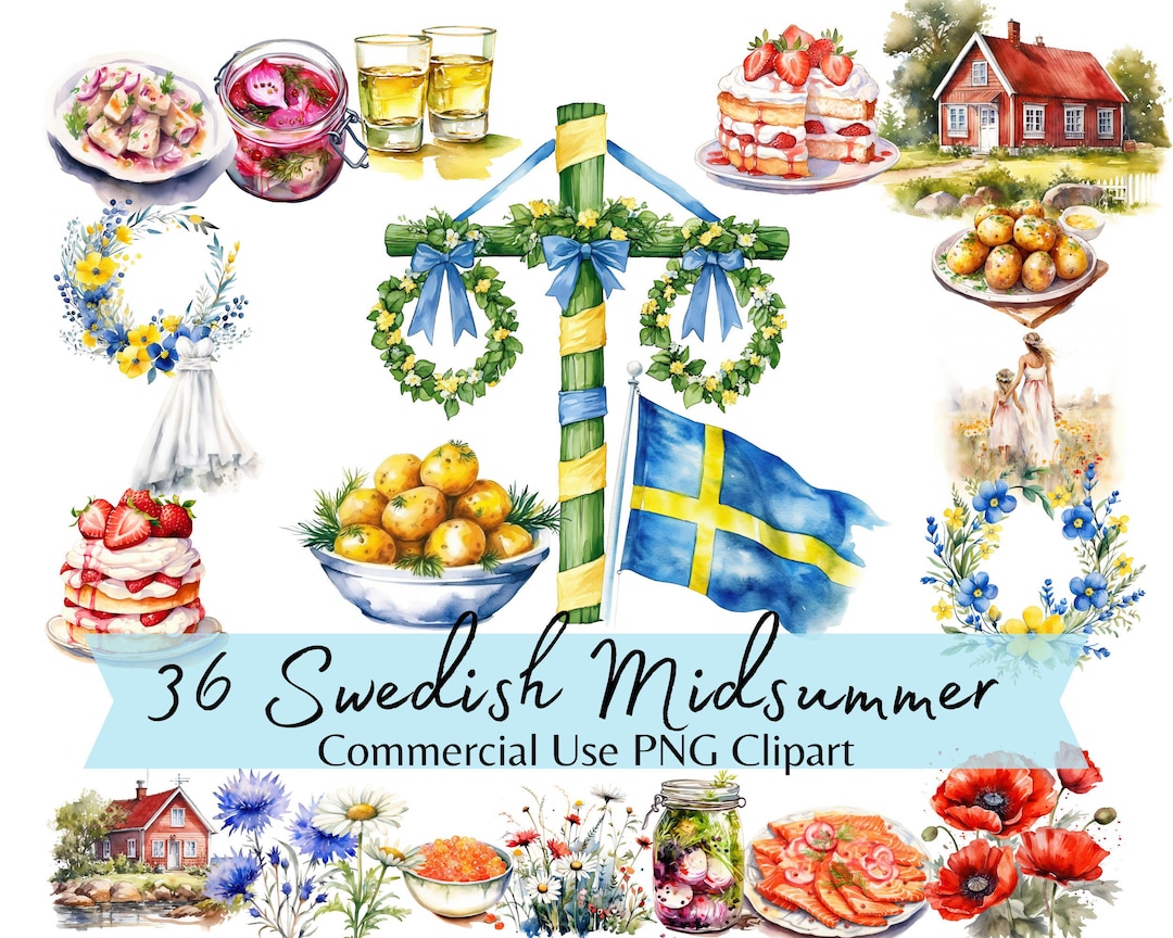 Swedish Midsummer Party Clipart, Scandinavian Watercolor Spring Food ...