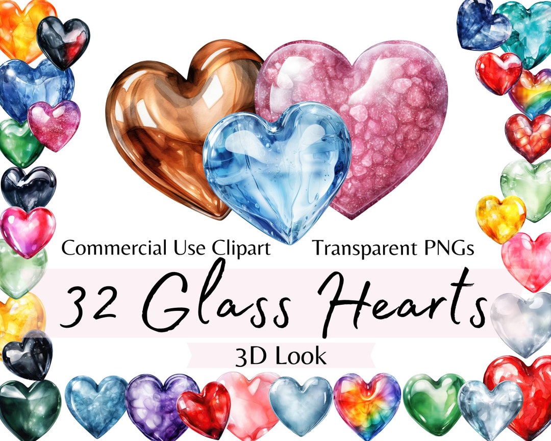 Watercolor 3D Glass Hearts Clipart, Instant Download Transparent PNG ...