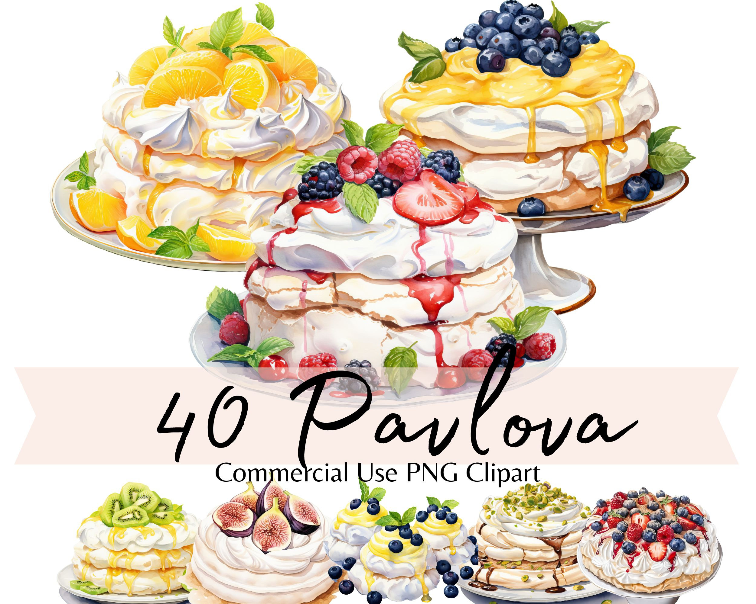 Watercolor Pavlova Clipart Bundle, Bakery Dessert PNG Graphics for ...