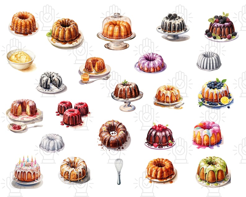 Watercolor Bundt Cake Clipart Bundle, Bakery Dessert PNG Graphics for ...