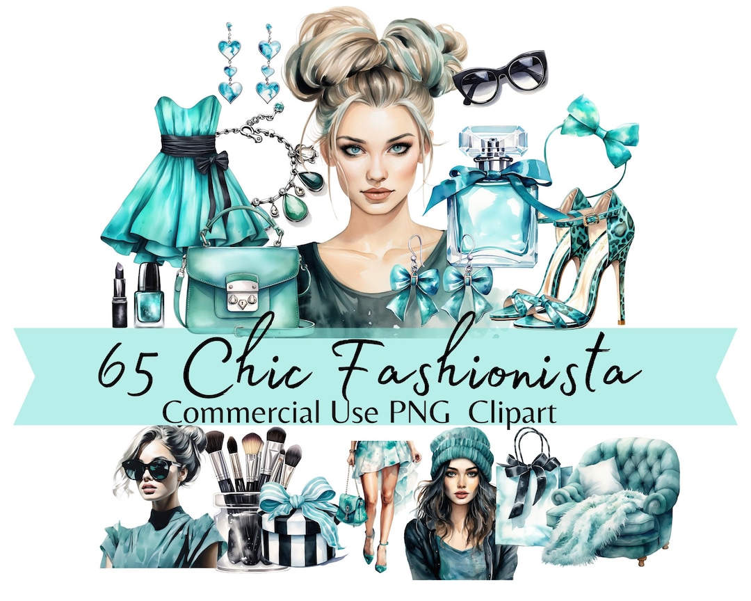 Fashionista Chic Girl Clipart, Watercolor Turquoise Black Illustrations ...
