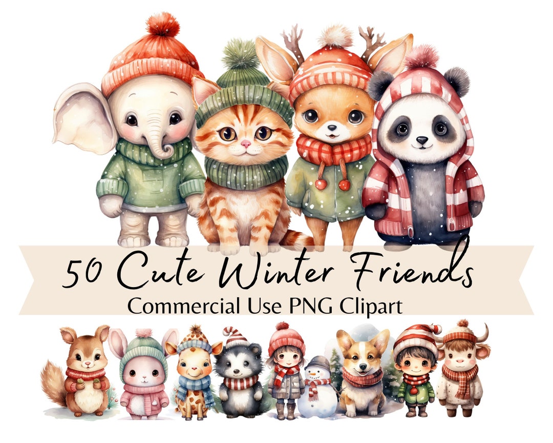 Cute Winter Animals Clipart, Watercolor Forest and Safari Animal ...