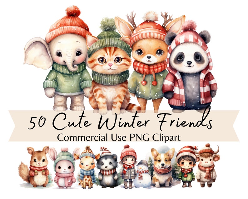 Cute Winter Animals Clipart, Watercolor Forest and Safari Animal ...