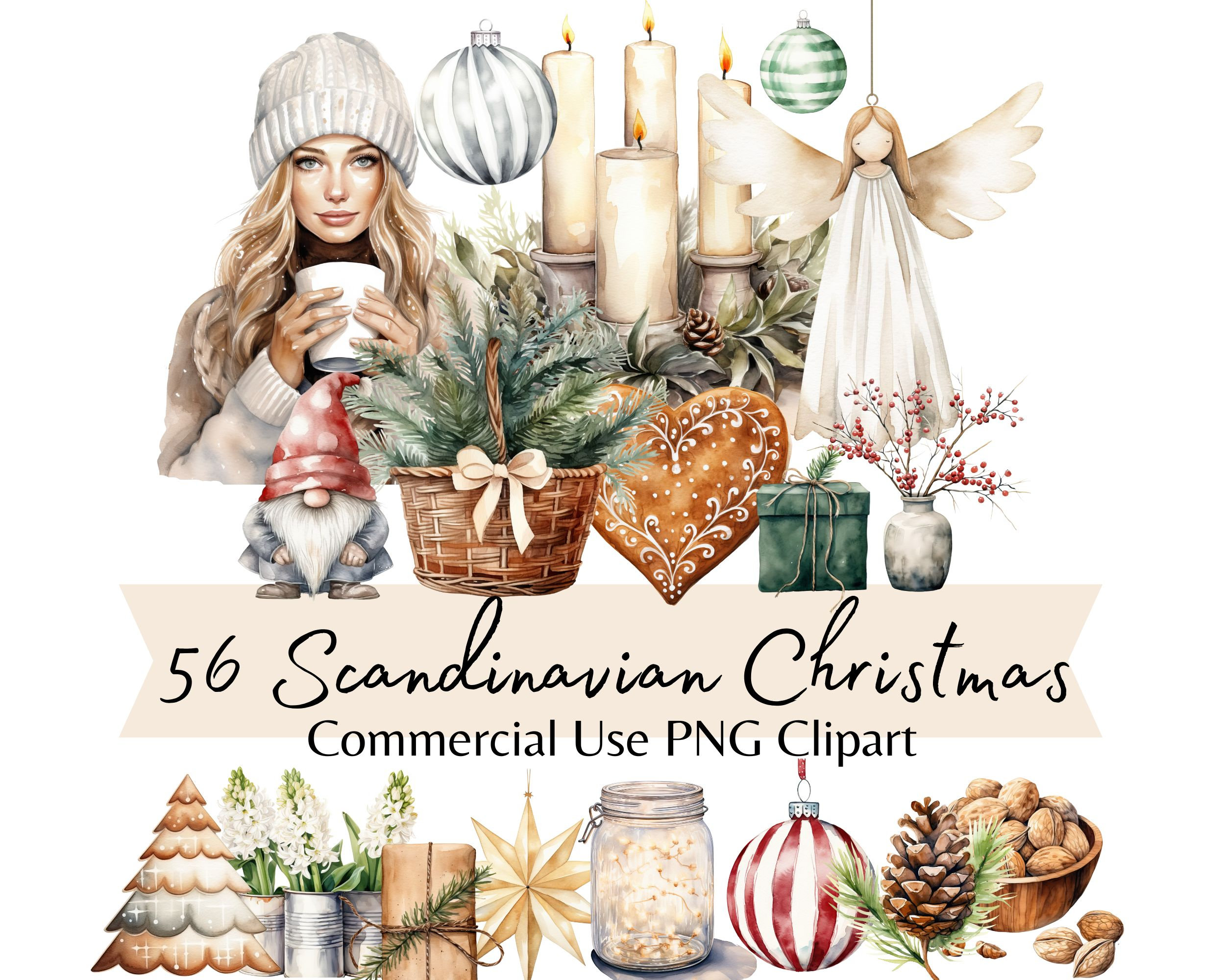 Scandinavian Christmas Clipart Ornaments, Cozy Neutral Watercolor ...