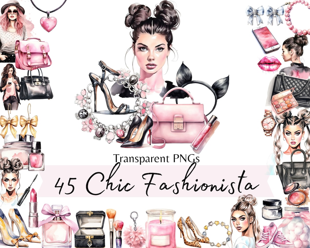 Fashionista Chic Girl Clipart, Watercolor Pink Black Illustrations ...