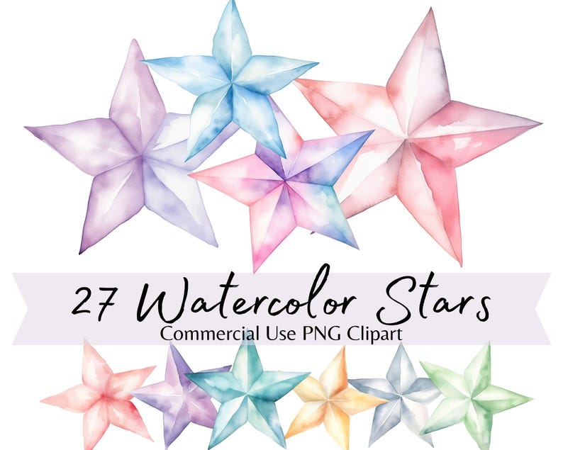 Watercolor Stars Clipart Bundle, Pastel Stars Sky Elements, Transparent ...