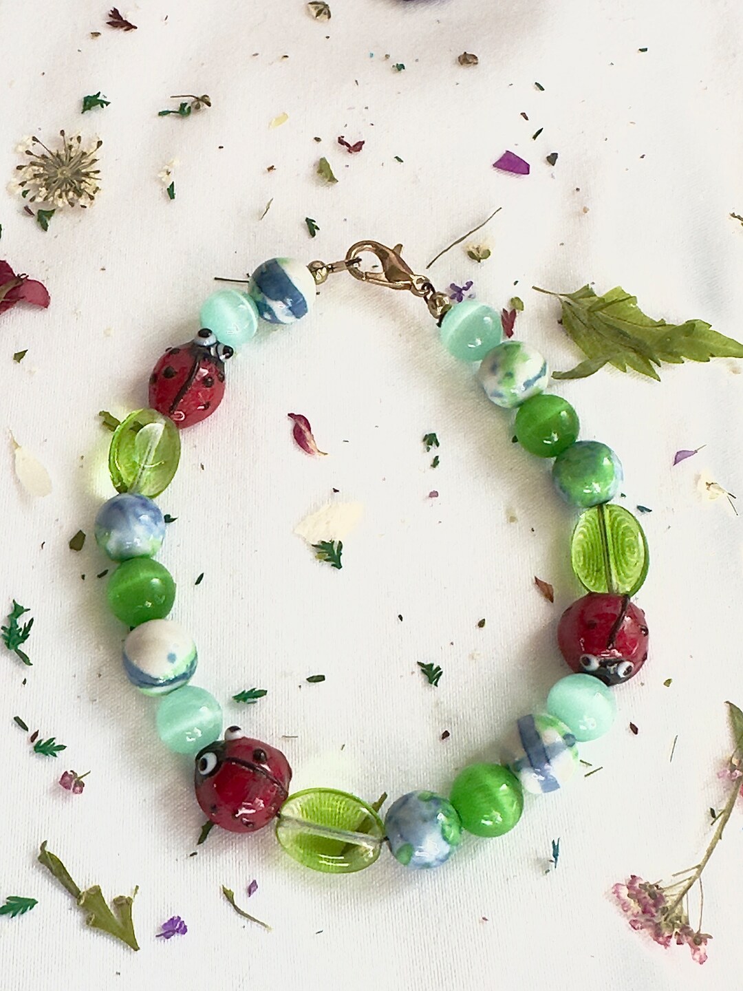 Glass Ladybug and Green Leaf Bracelet Flower Gemstone Jewelry for ...