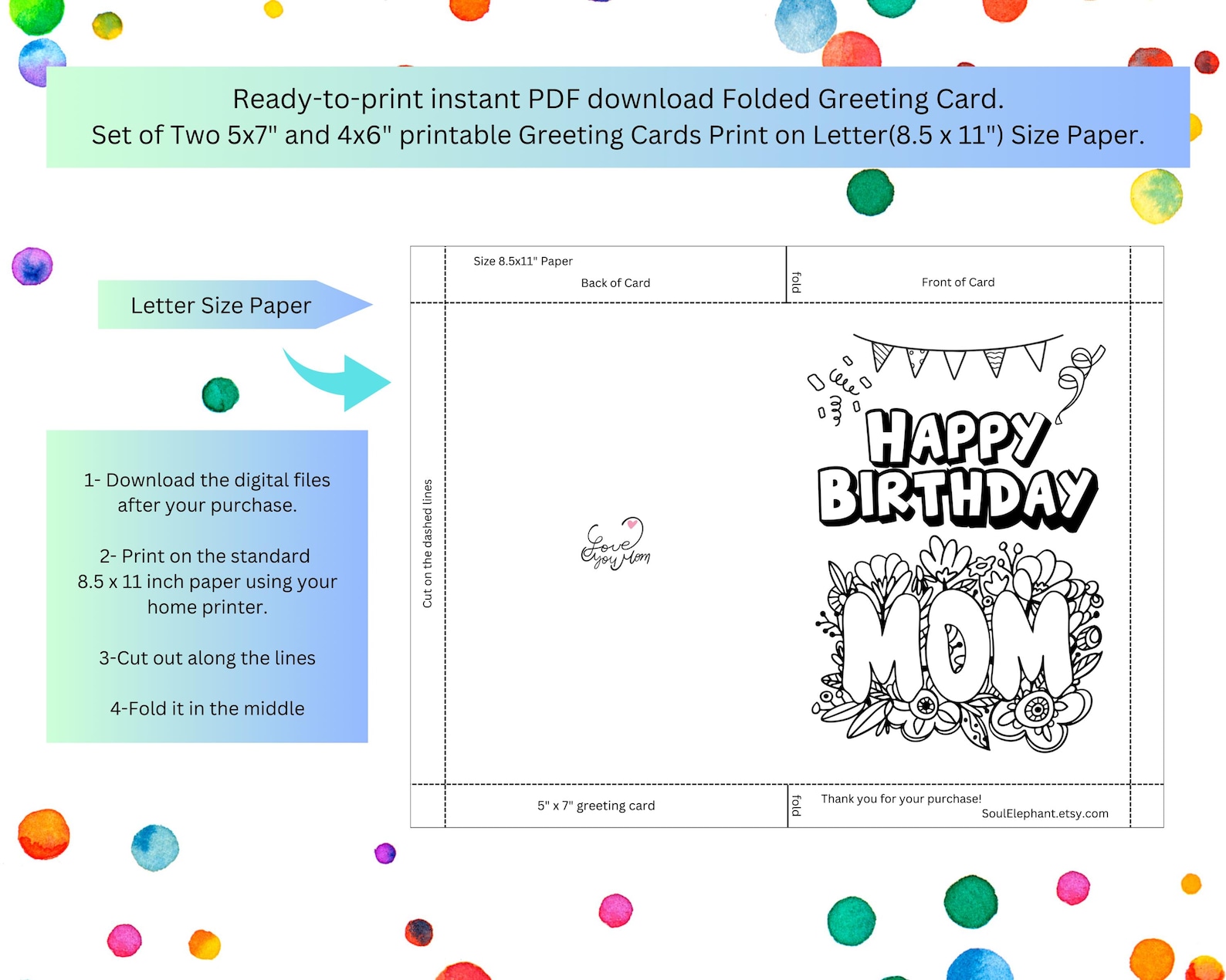 Printable Birthday Coloring Card for Mom: DIY Set of Two (digital ...