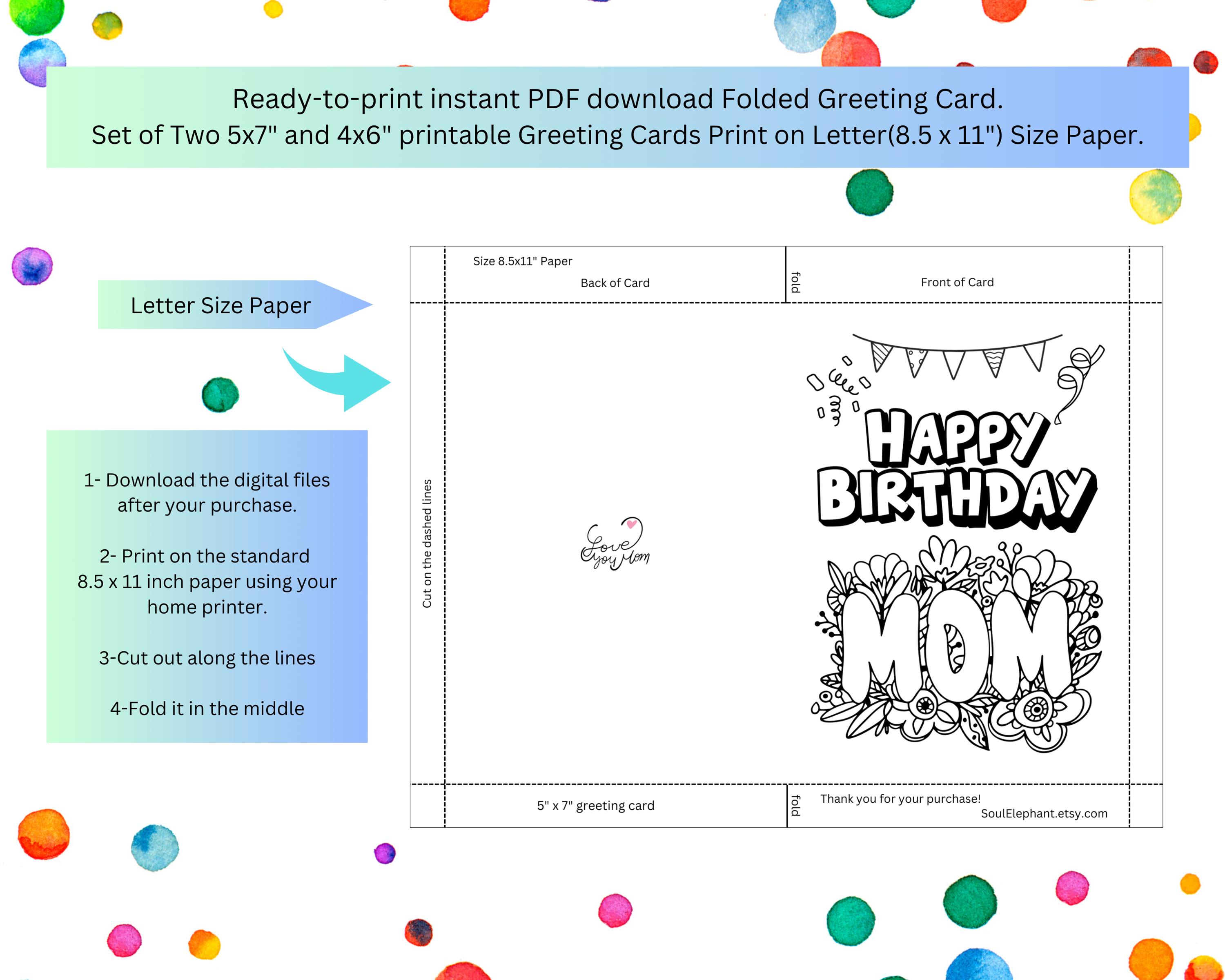 Printable Birthday Coloring Card for Mom: DIY Set of Two (digital ...