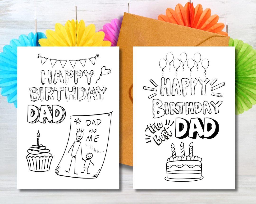 Set of Two Printable Coloring Birthday Card for Dad, DIY Birthday Dad ...