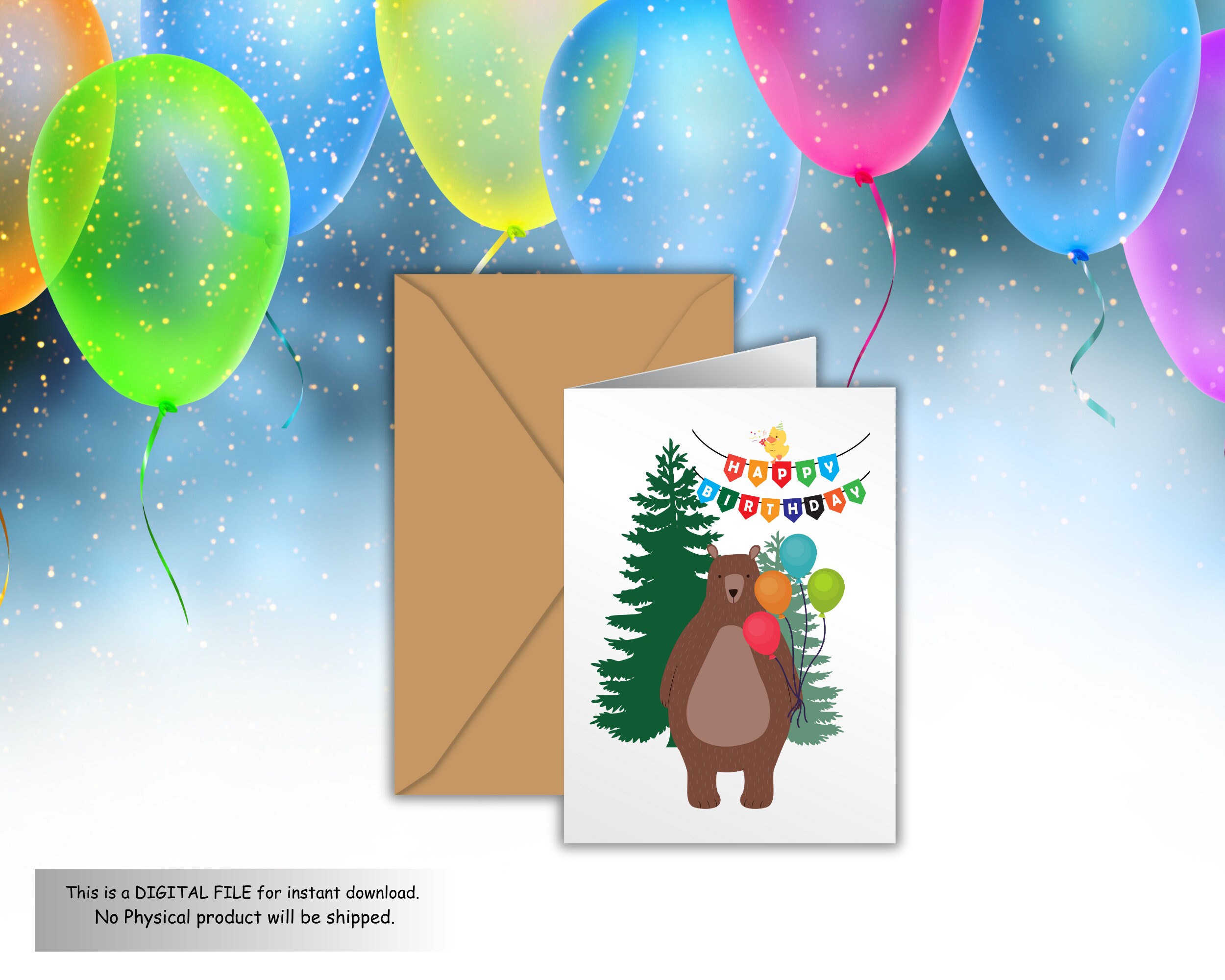 Printable Bear Birthday Card, Cute Bear Card, 5x7 Printable Card,happy ...