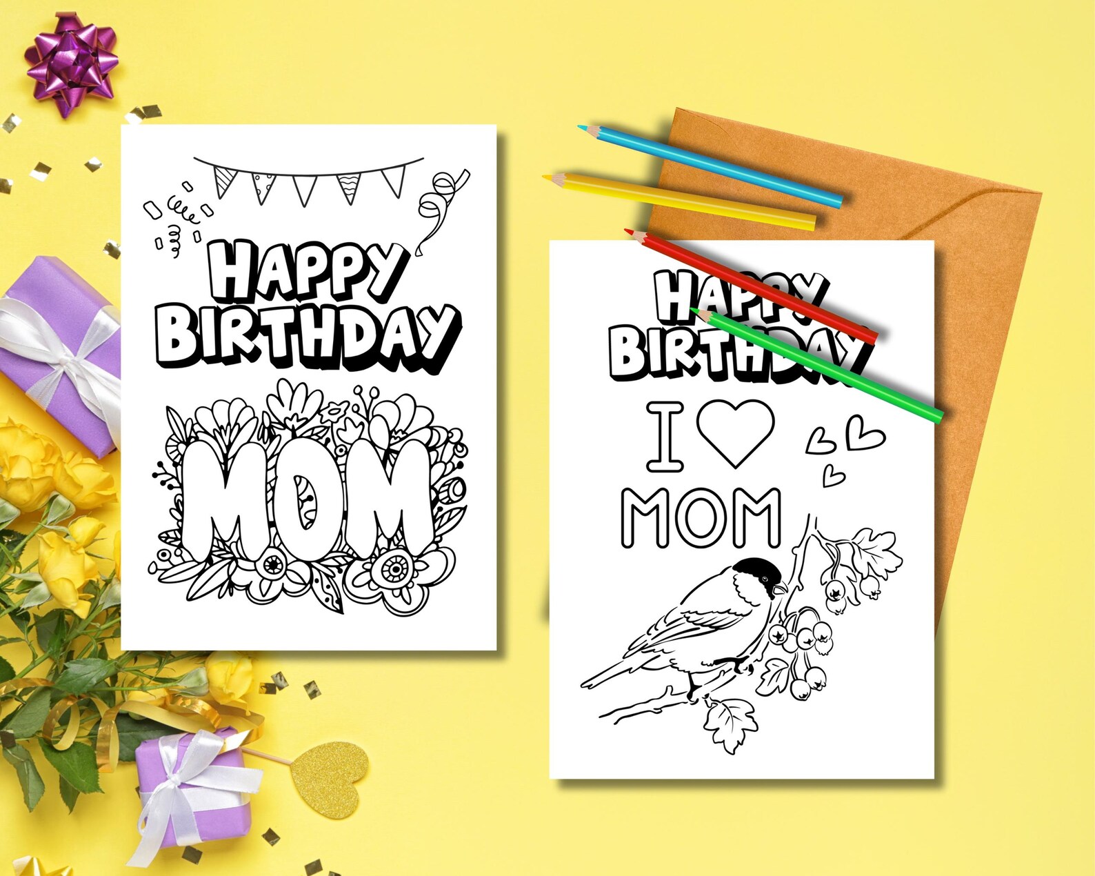 Printable Birthday Coloring Card for Mom: DIY Set of Two (digital ...