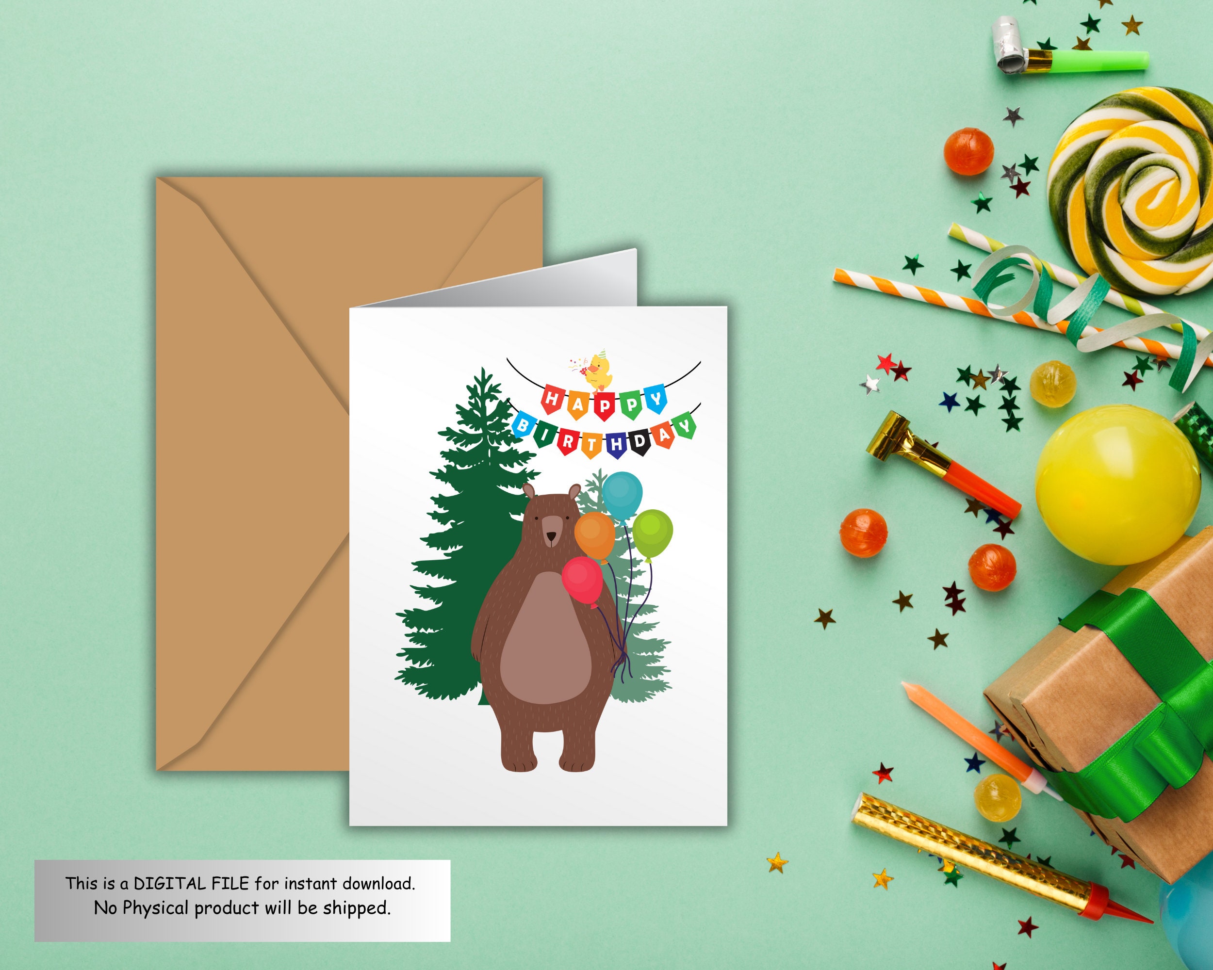 Printable Bear Birthday Card, Cute Bear Card, 5x7 Printable Card,happy ...