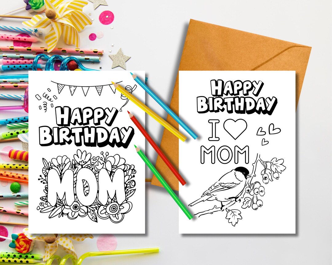 Printable Birthday Coloring Card for Mom: DIY Set of Two (digital ...