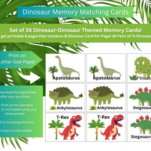 Printable Dinosaur Flash Cards for Kid's Activity, Dinosaur Memory Card ...