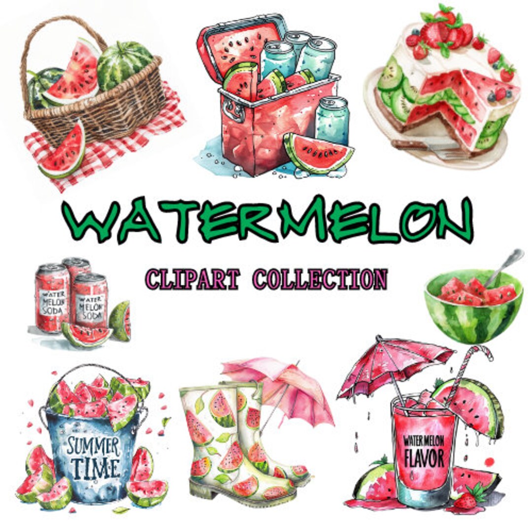 Watercolor Watermelon Clipart Bundle, Watermelon PNG, Fruit Clipart ...