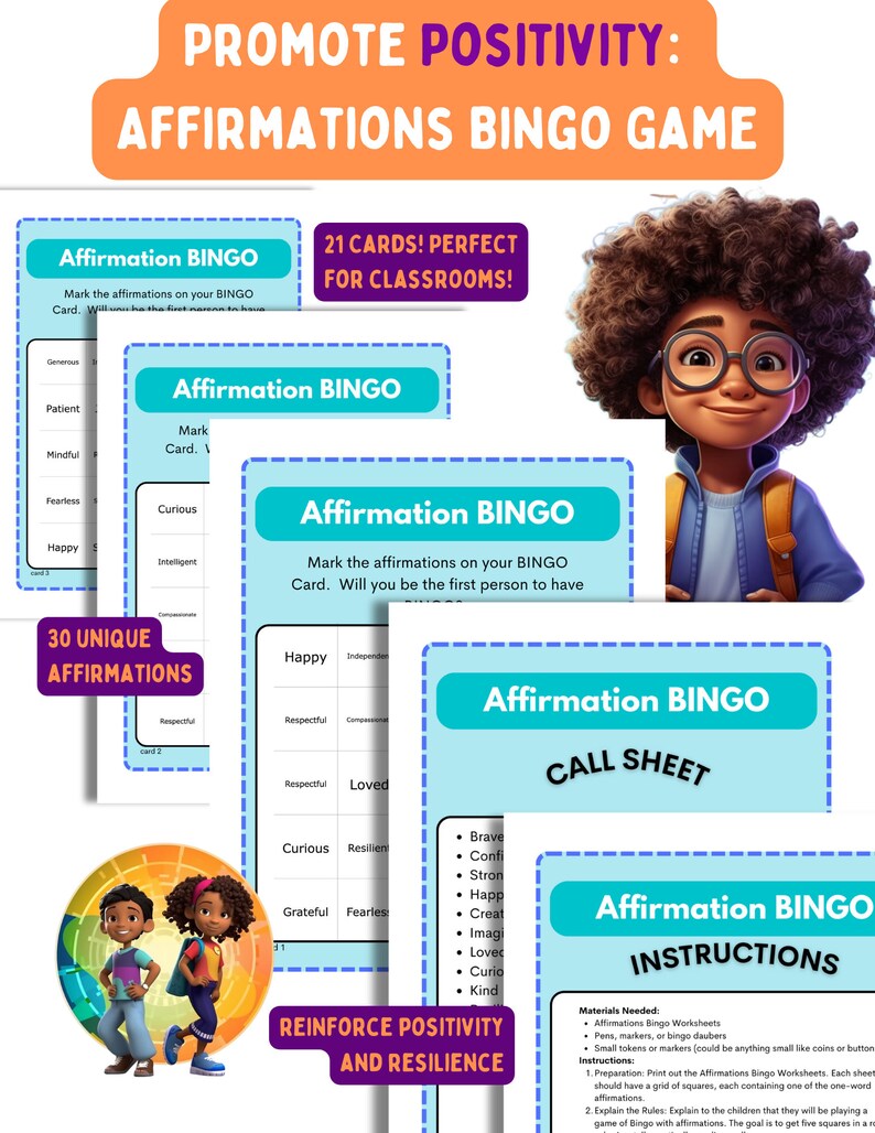 Children's Affirmations Bingo Worksheets – Educational Classroom ...