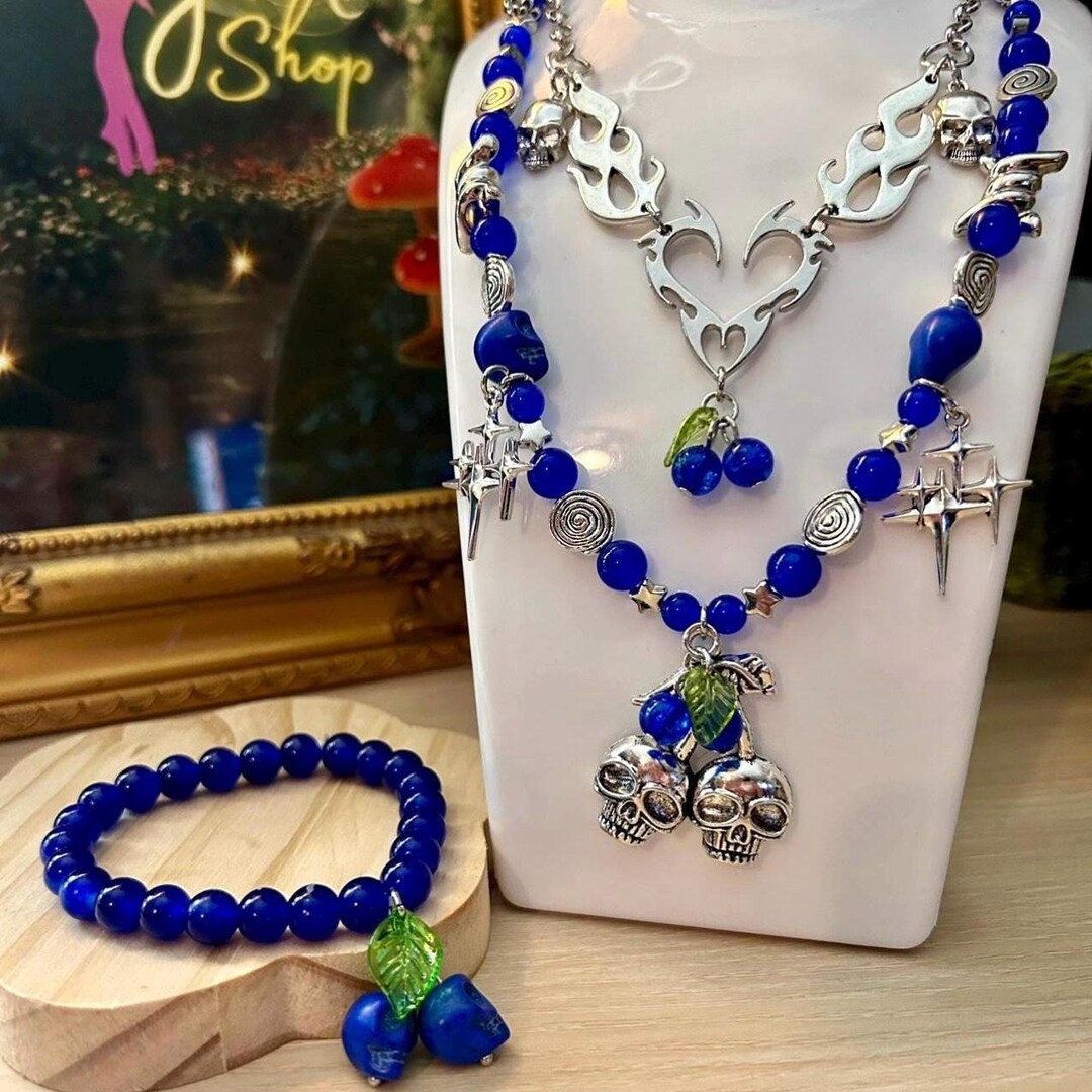 Gothic Blueberry Necklace, Glass Bead Bracelet, Y2K Style, Goth Jewelry ...