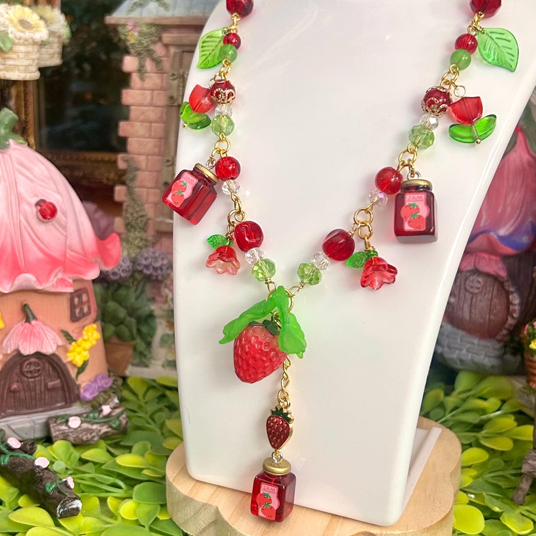 Strawberry Jam Charm Bead Necklace, Charm Necklace, Resin Charm Jewelry ...