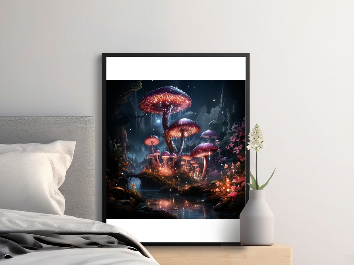Mushroom Glow Bioluminescent Wall Art Nature Digital Print Forest ...