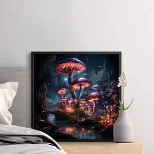 Mushroom Glow Bioluminescent Wall Art Nature Digital Print Forest ...