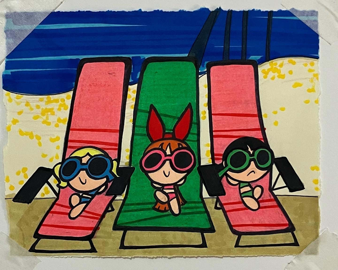 Sunbathing Powerpuff Girls - Beach Print, Girls in Deckchairs, Beach ...