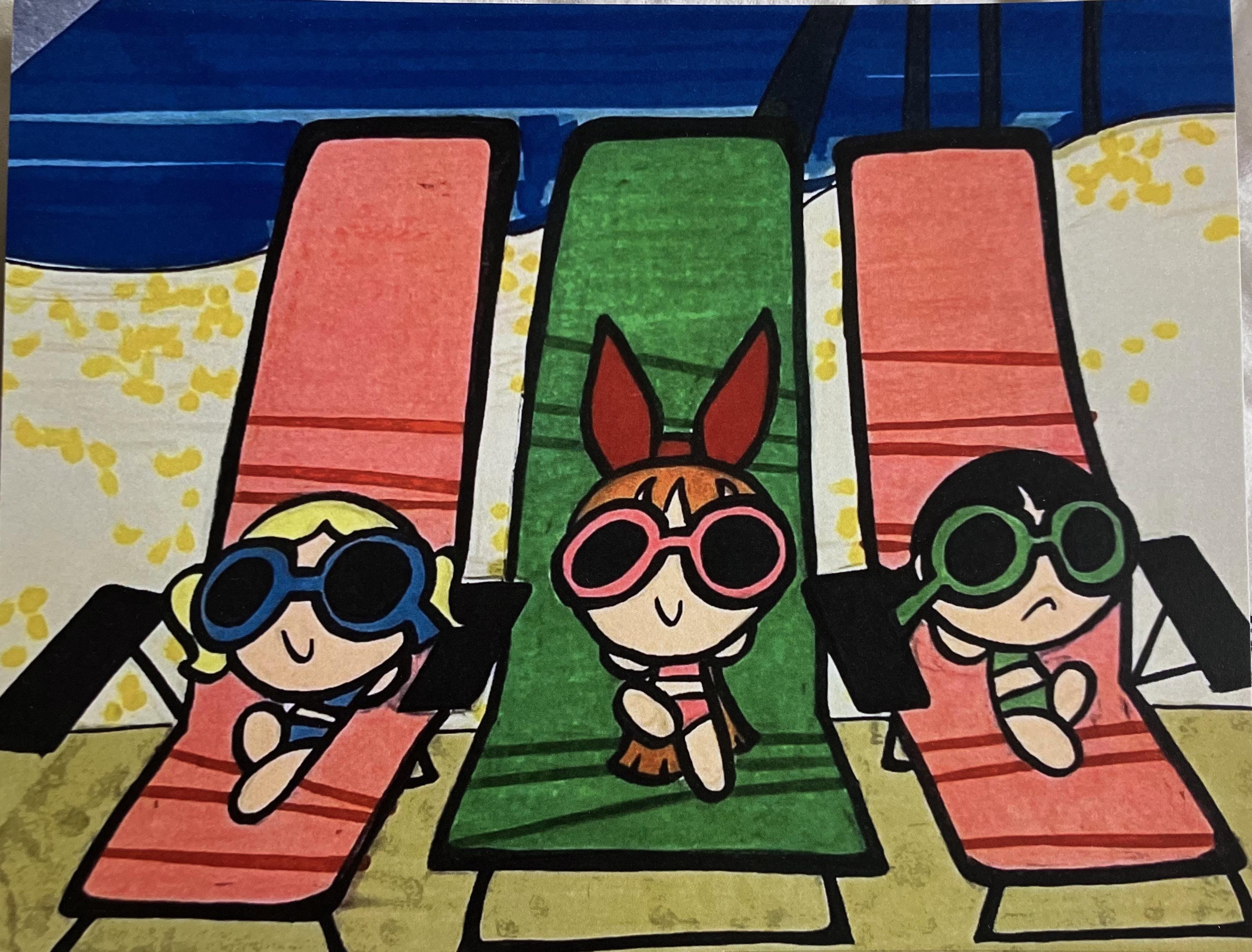 Sunbathing Powerpuff Girls - Beach Print, Girls in Deckchairs, Beach ...