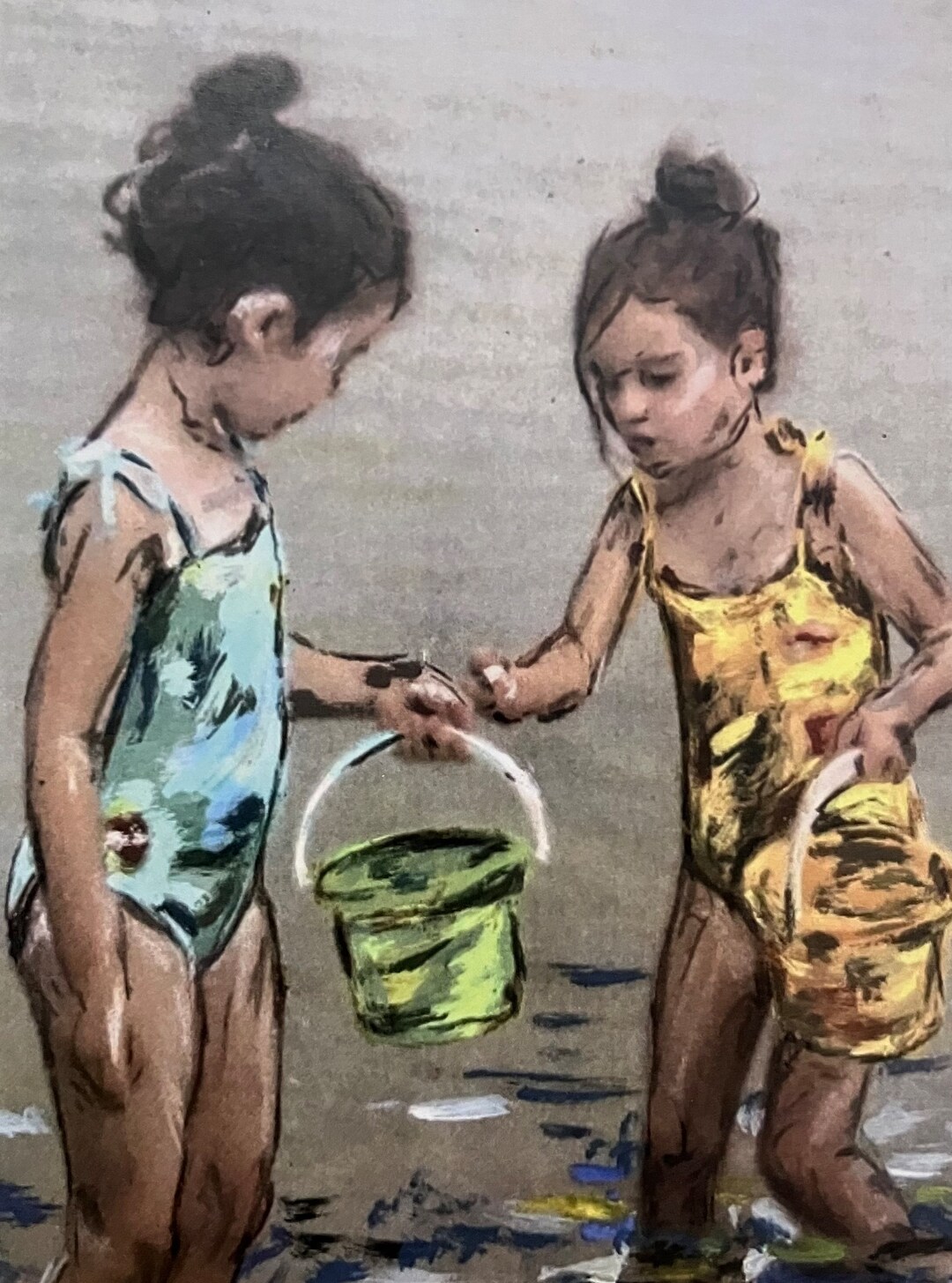 Sisters and Their Sea Shells Mixed Media Twins on the Beach - Etsy