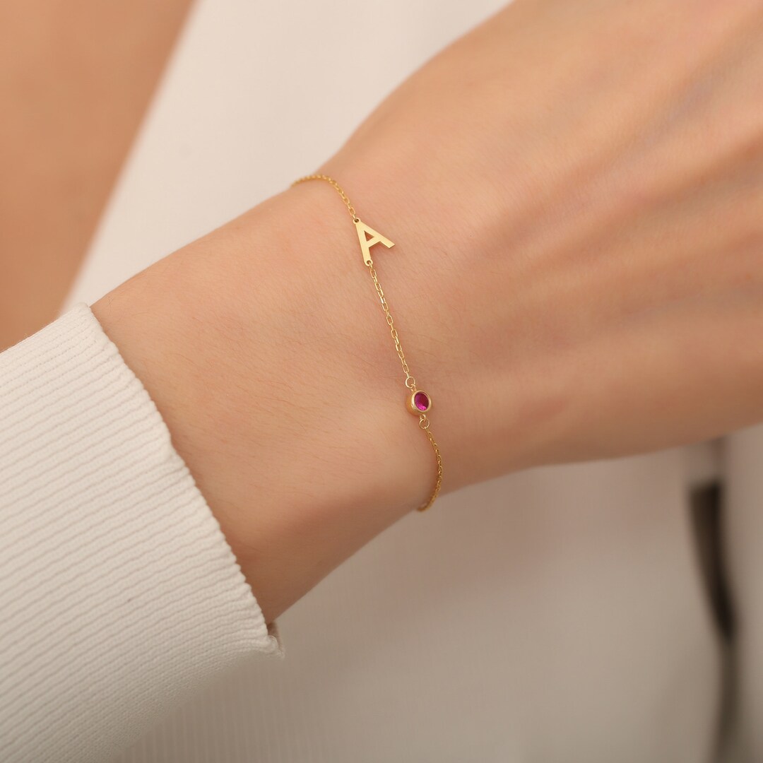 14K Gold Initial Bracelet, Dainty Initial and Birthstone Bracelet ...