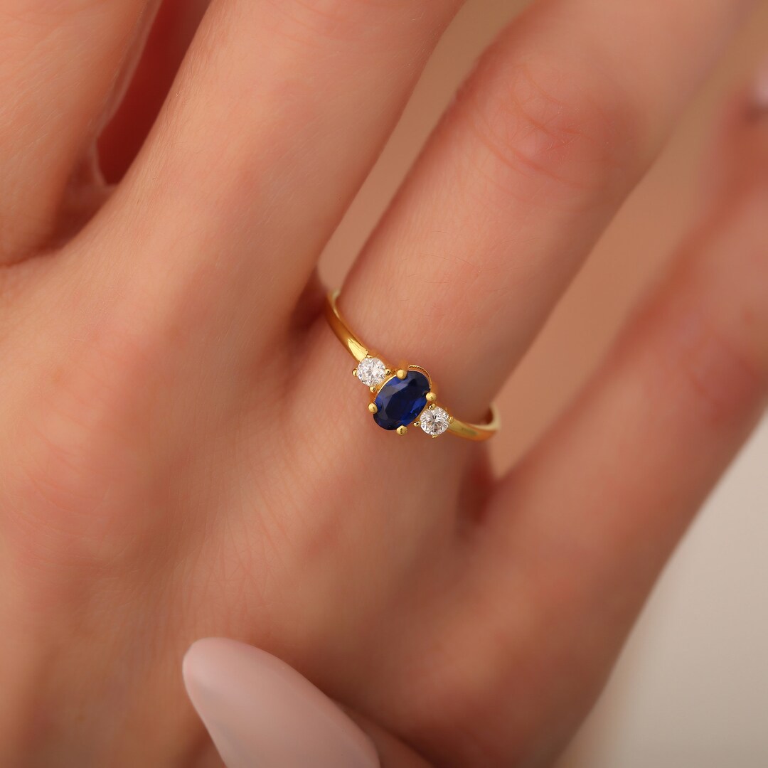 Sapphire and Diamond Ring, Personalized Birthstone Ring, Three ...