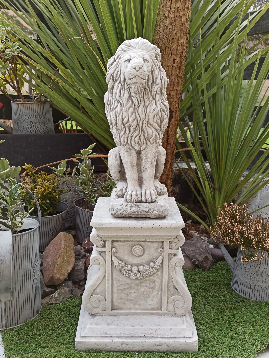 Stone Garden Plinth Pedestal and Upright Large Lion Statue Stone Aged ...